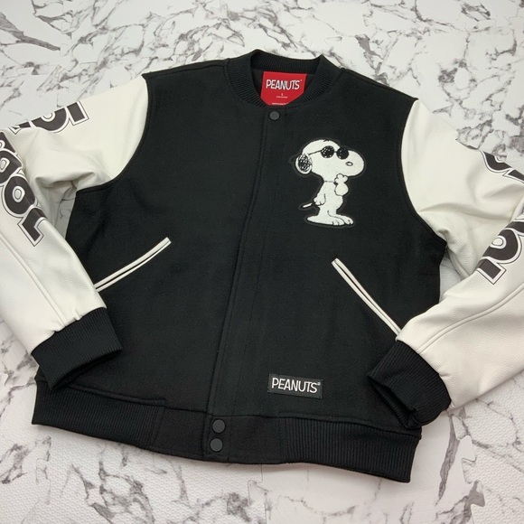 Peanuts | Jackets & Coats | Mens Snoopy Joe Cool Black White Varsity ...